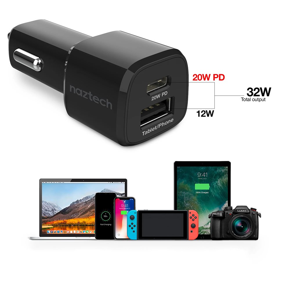 CARGADOR VEHICULAR NAZTECH 20W PD + 12W USB FAST CHARGER - Best Tech
